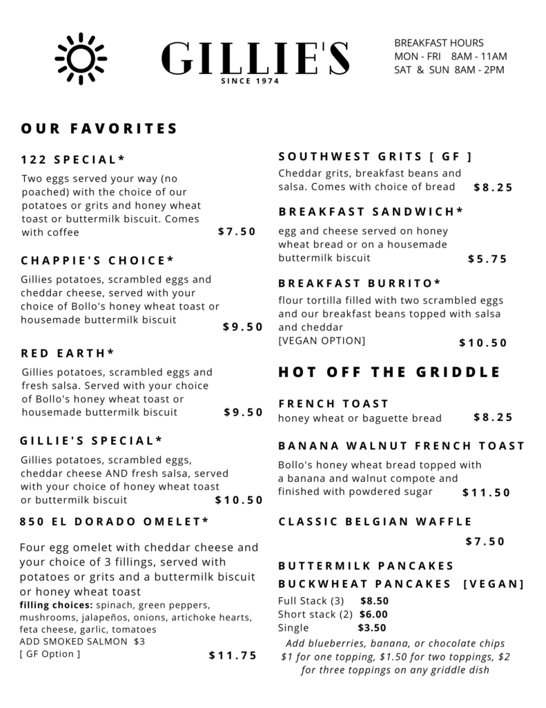 Menus and Hours – Gillies Restaurant