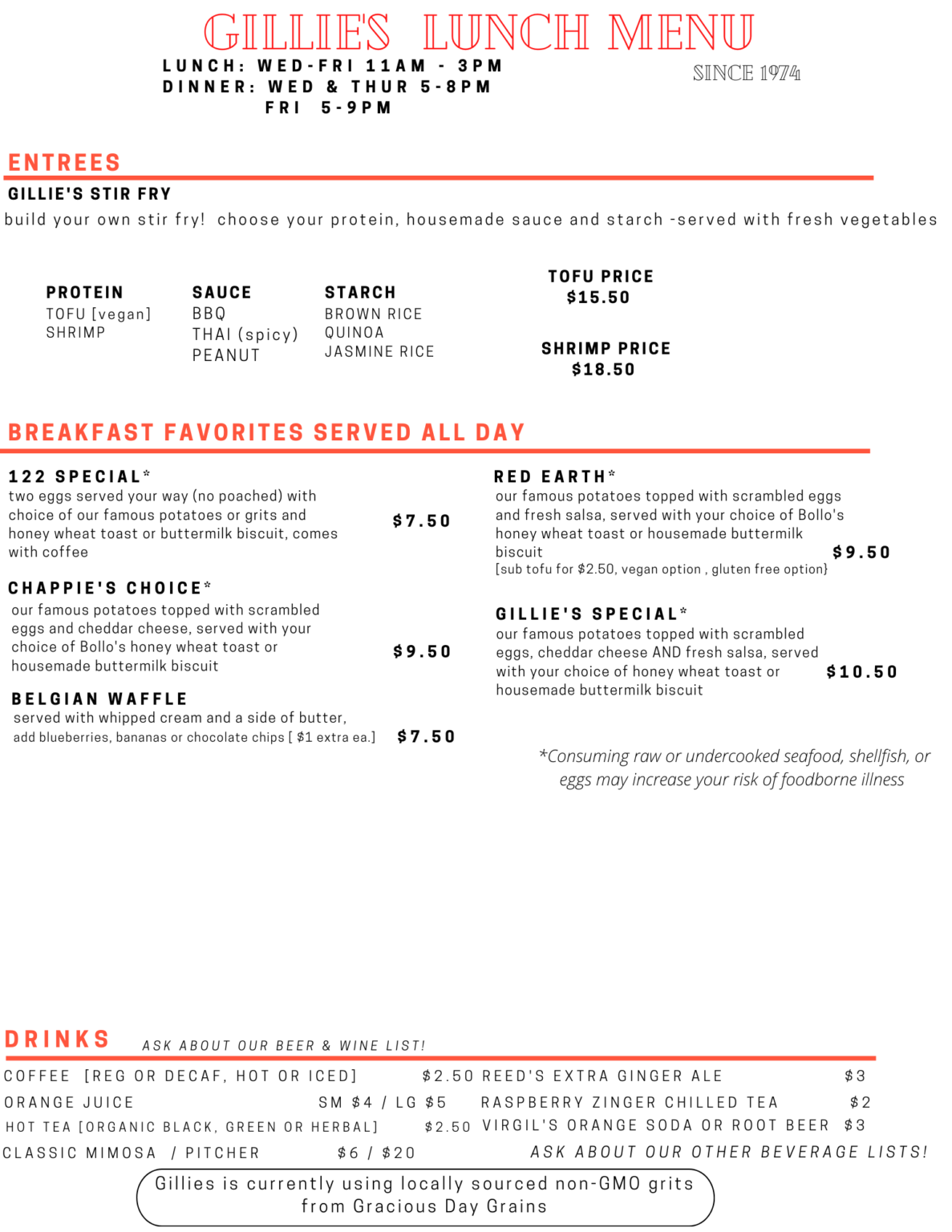 Menus and Hours – Gillies Restaurant